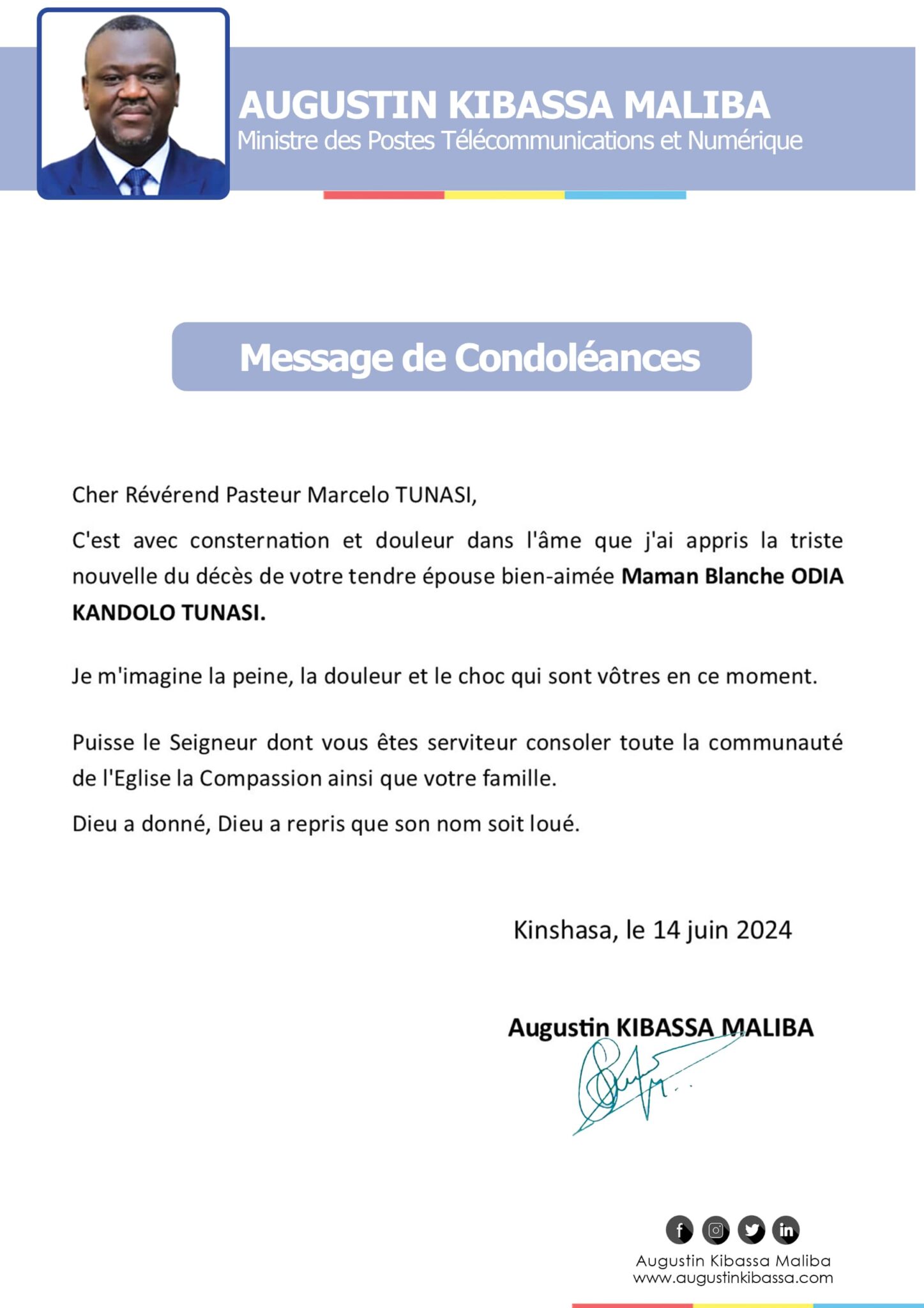 Décès de pasteur Blanche Kandolo Tunasi : le Ministre des PTNTIC ...