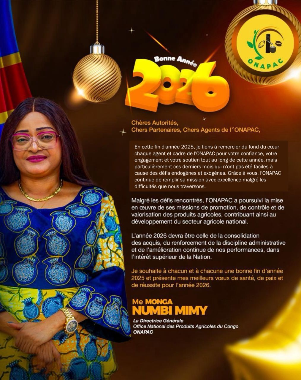 Nouvelle année/ ONAPAC 2026 : la DG Mimy Monga présente ses voeux les ...