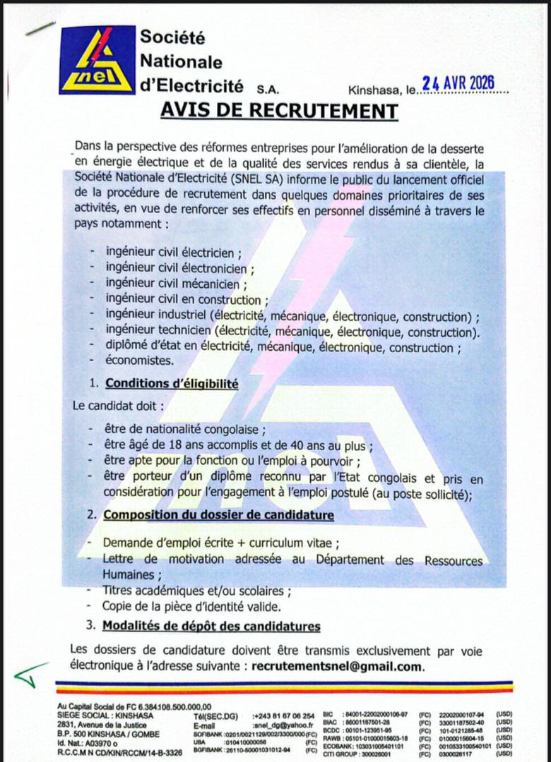 RDC : SNEL SA lance une opération de recrutement dans divers domaines ...